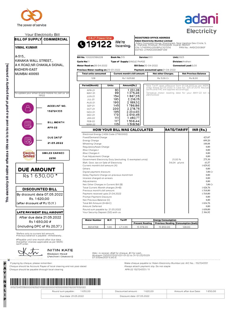 Adani Electricity Bill Details - Apr 2022 | PDF | Cheque | Payments