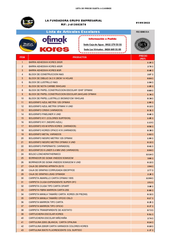 Lista de Articulos Escolares | PDF