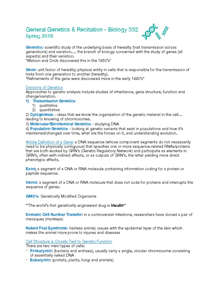 General Genetics Notes With DR Chandlee | PDF | Translation (Biology) | Dna