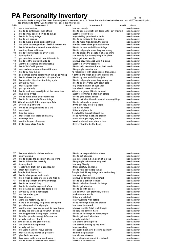 PA Personality Inventory Questionnaire | PDF | Career & Growth