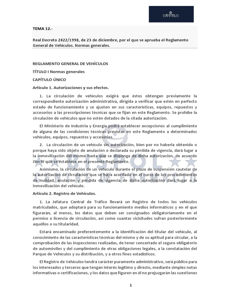 Real Decreto 2822-1998, de 23 de Diciembre, Por El Que Se Aprueba El ... Real Decreto 2822-1998, de 23 de Diciembre, Por El Que Se Aprueba El ...