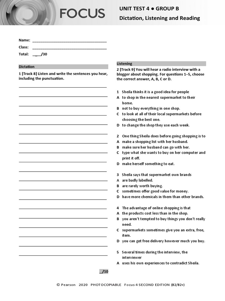 Focus4 2E Unit Test Dictation Listening Reading Unit4 GroupB | PDF ...