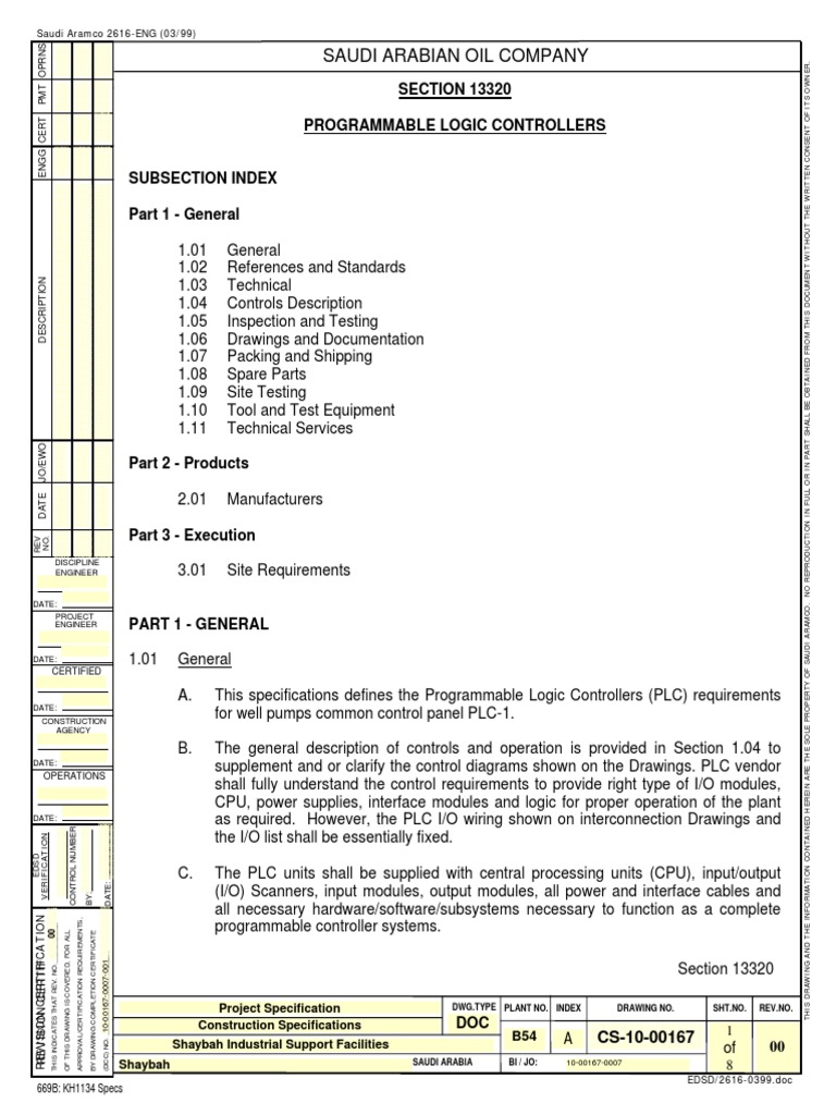 Programmable Logic Controllers for Well Pumps Common Control Panel: Specifications for PLC-1 ...