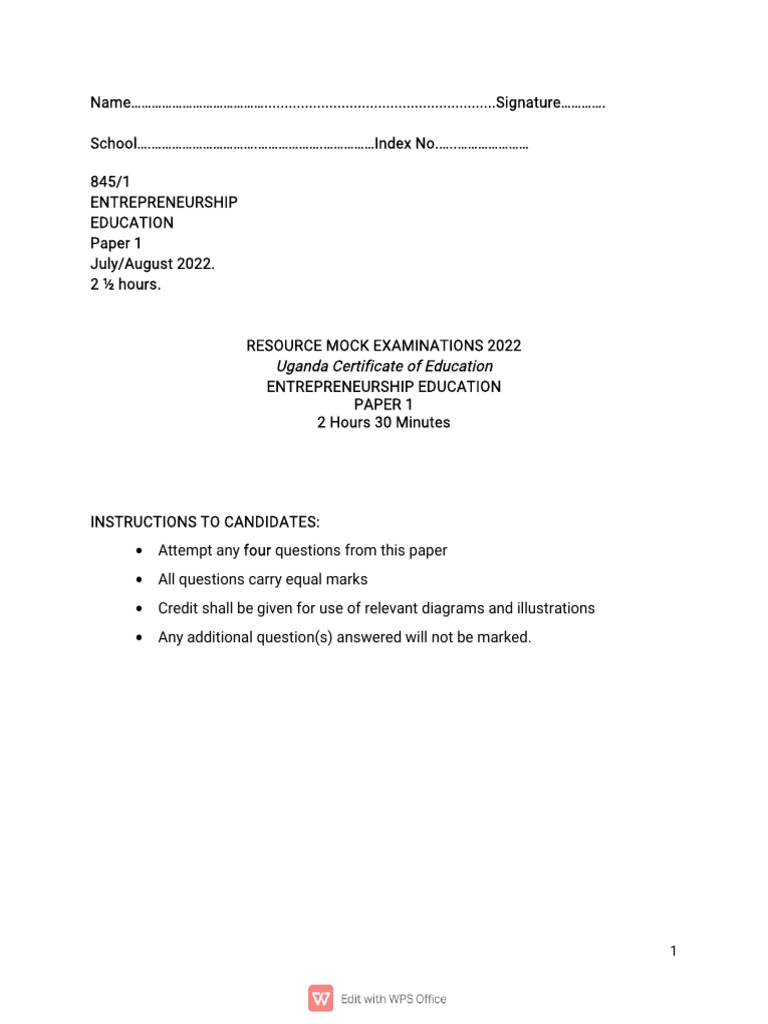 ENTREPRENEURSHIP PAPER 1 | PDF