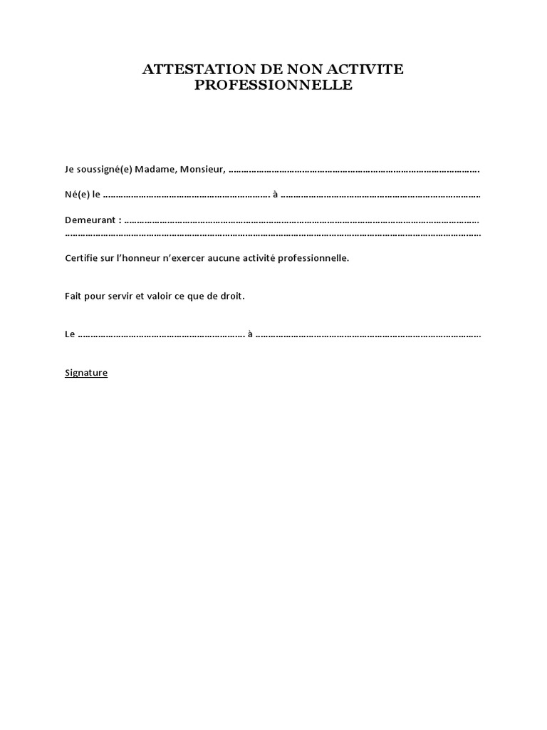 Attestation de Non Activite Professionnelle | PDF