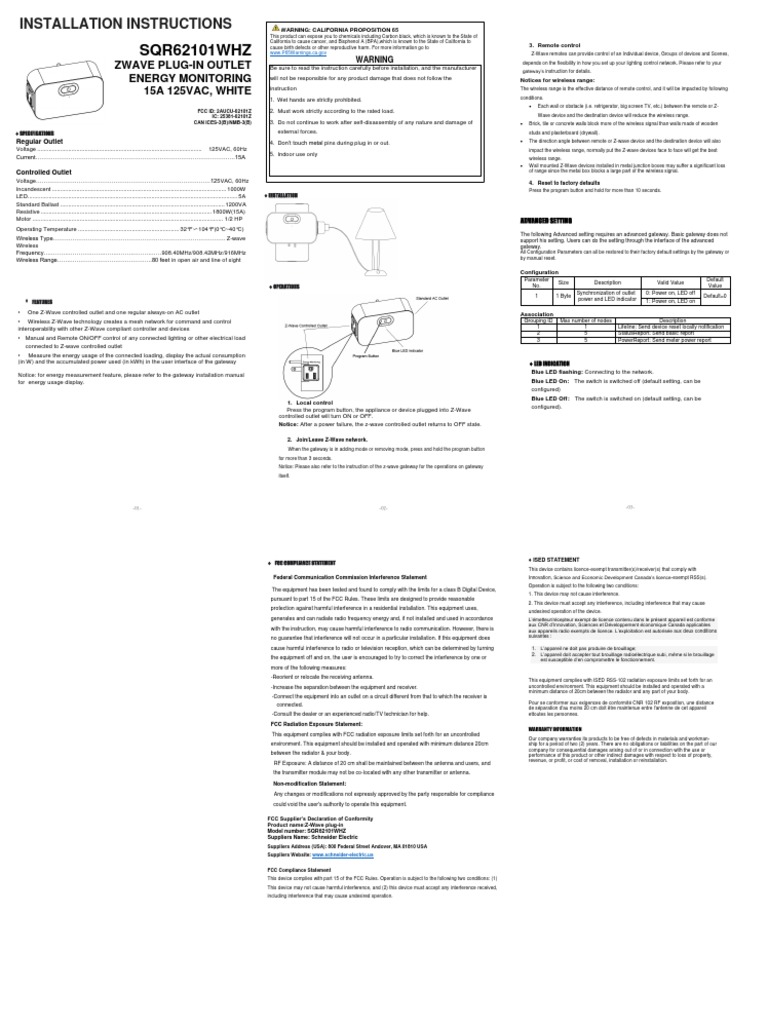 SQR62101WHZ: Installation Instructions | PDF | Radio | Electromagnetic Interference