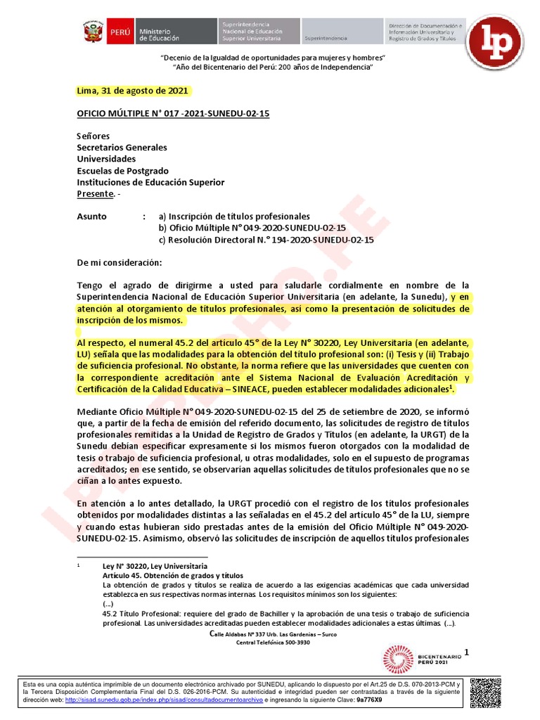 Oficio Múltiple #017-2021 - Sunedu - 02-15 | Descargar gratis PDF | Educación más alta