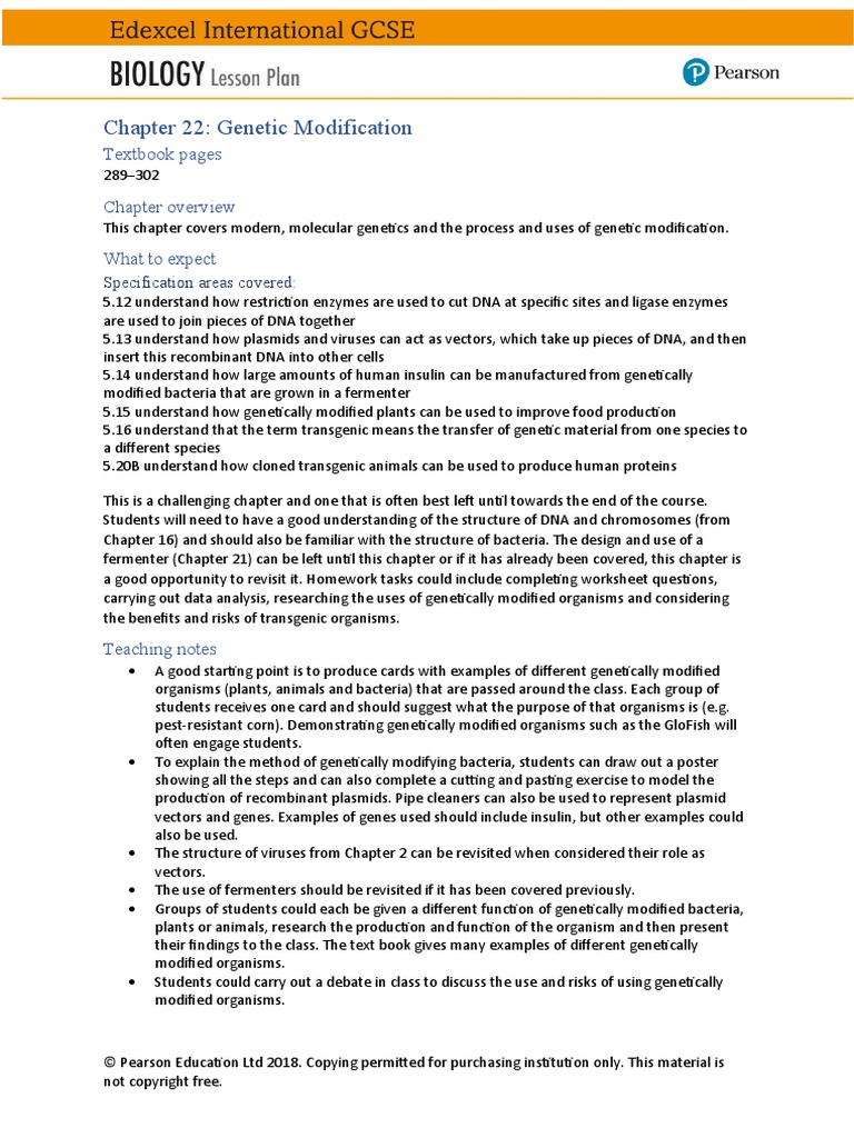 IGCSE - Bio - Lesson Plan 22 - Genetic Modification | Download Free PDF ...
