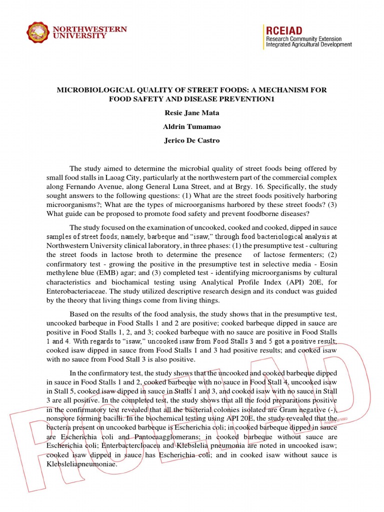 Microbiological Quality of Street Foods A Mechanism For Food Safety and ...