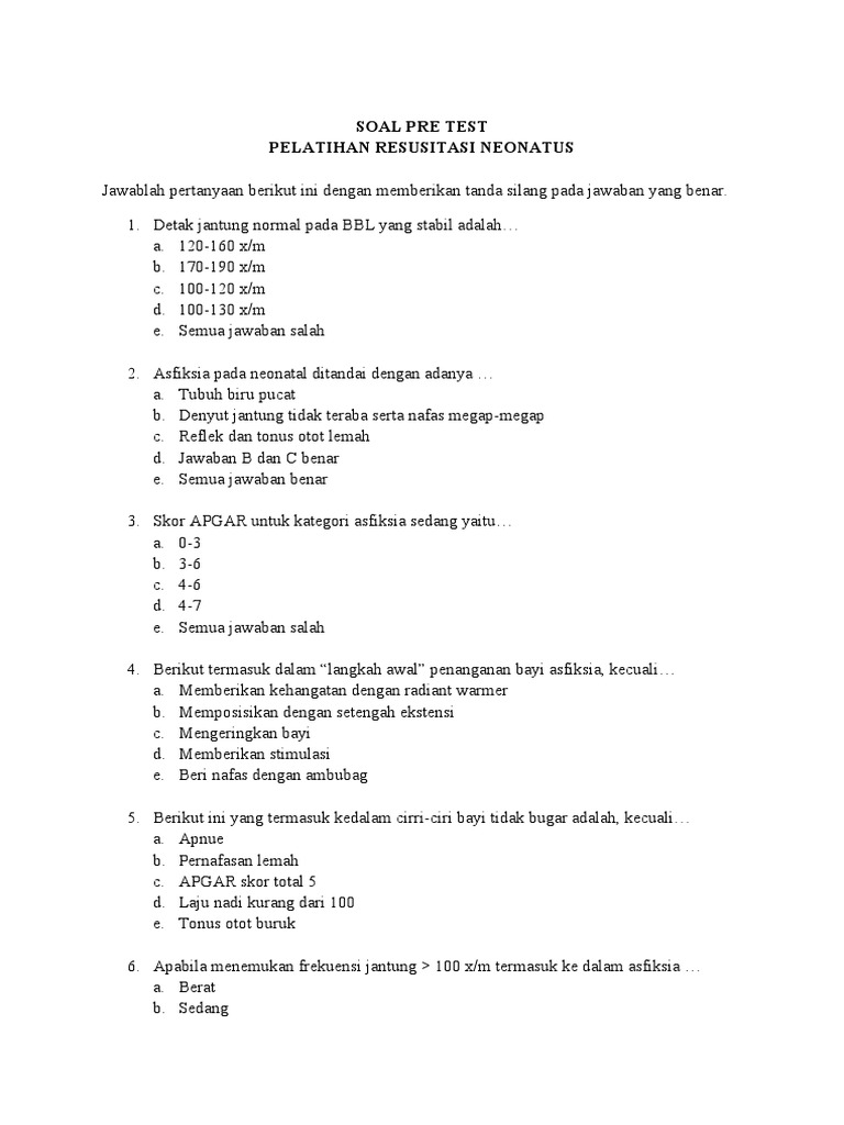 Soal Pre Test Resusitasi Neonatus | PDF | Kesehatan Holistik