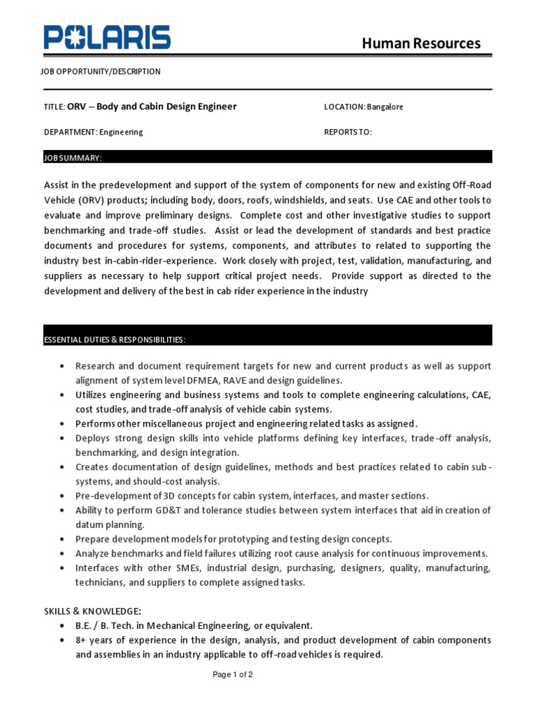 ORV - Body and Cabin Design Engineer | PDF | Engineering | Truck