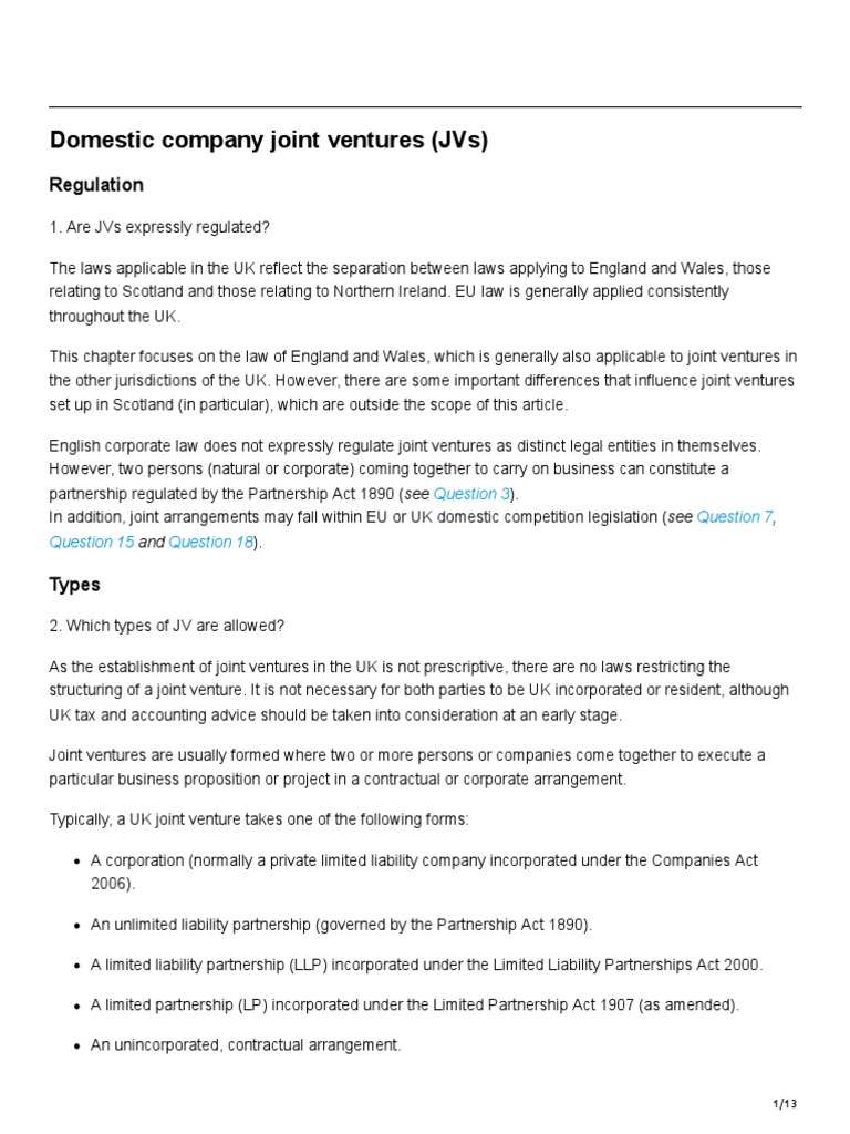 Domestic Company Joint Ventures (JVS) : Regulation | PDF | Joint ...