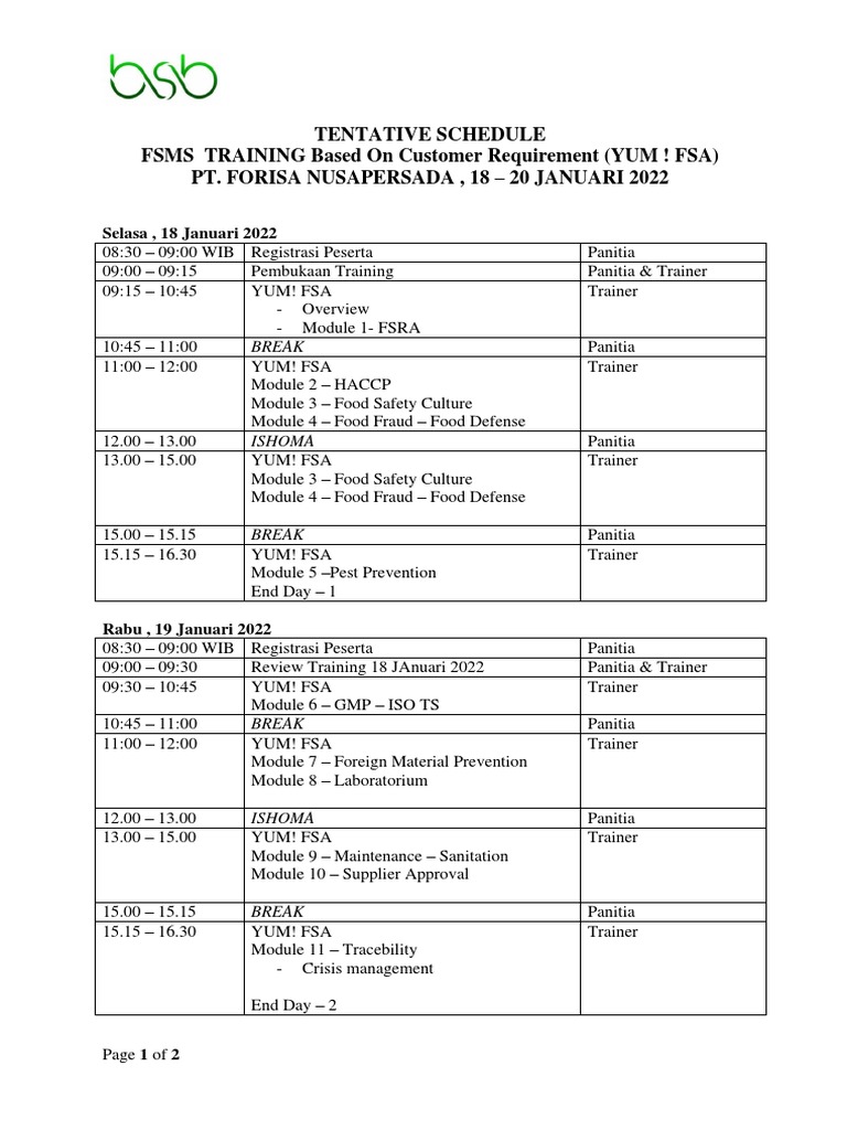 1 Training Plan Fsms - Yum! Fsa PT Forisa Nusapersada 18-20 Januari 2022 | PDF