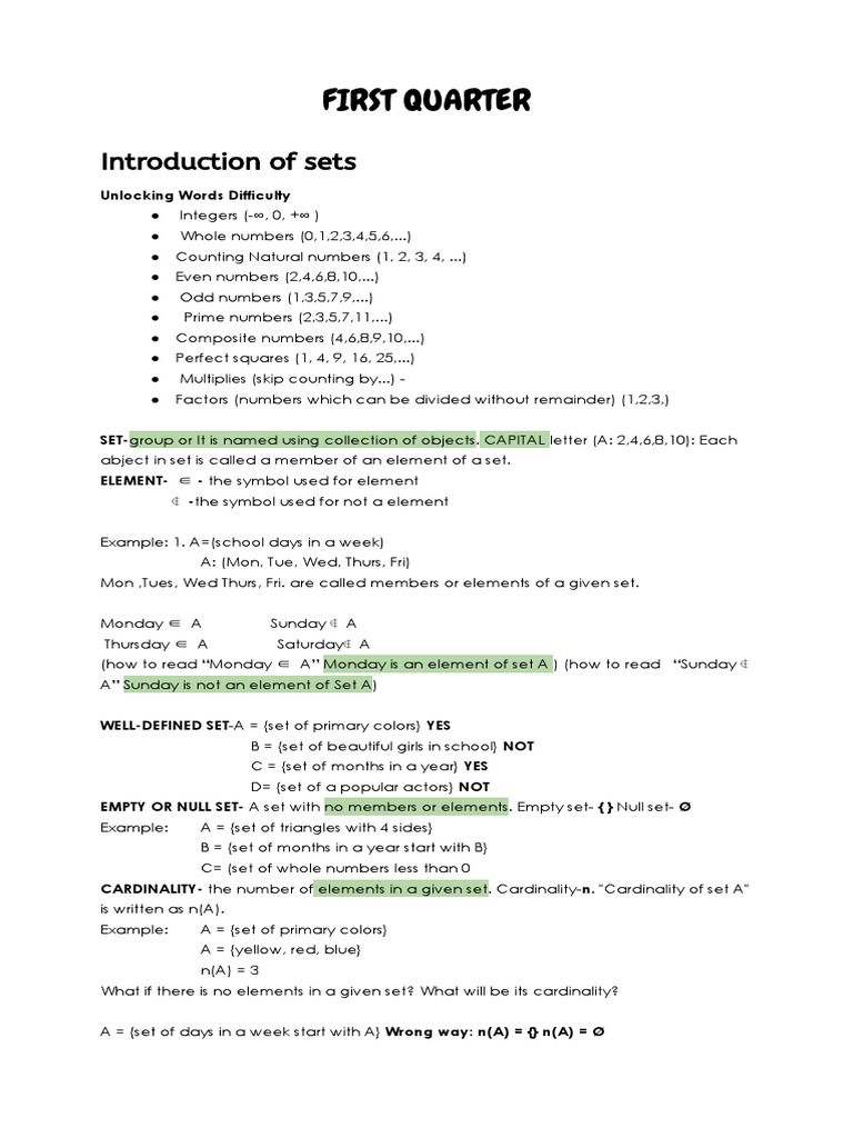 First Quarter: Introduction of Sets | PDF | Set (Mathematics) | Numbers