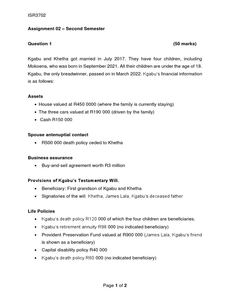 ISR3702 Assignment 2 Second Semester | PDF | Life Insurance | Personal Finance