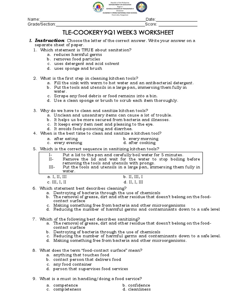 Tle9cookery - q1 - m3 - Cleaningandsanitizingkitchen - v3 Worksheet | PDF | Kitchen Utensil | Foods