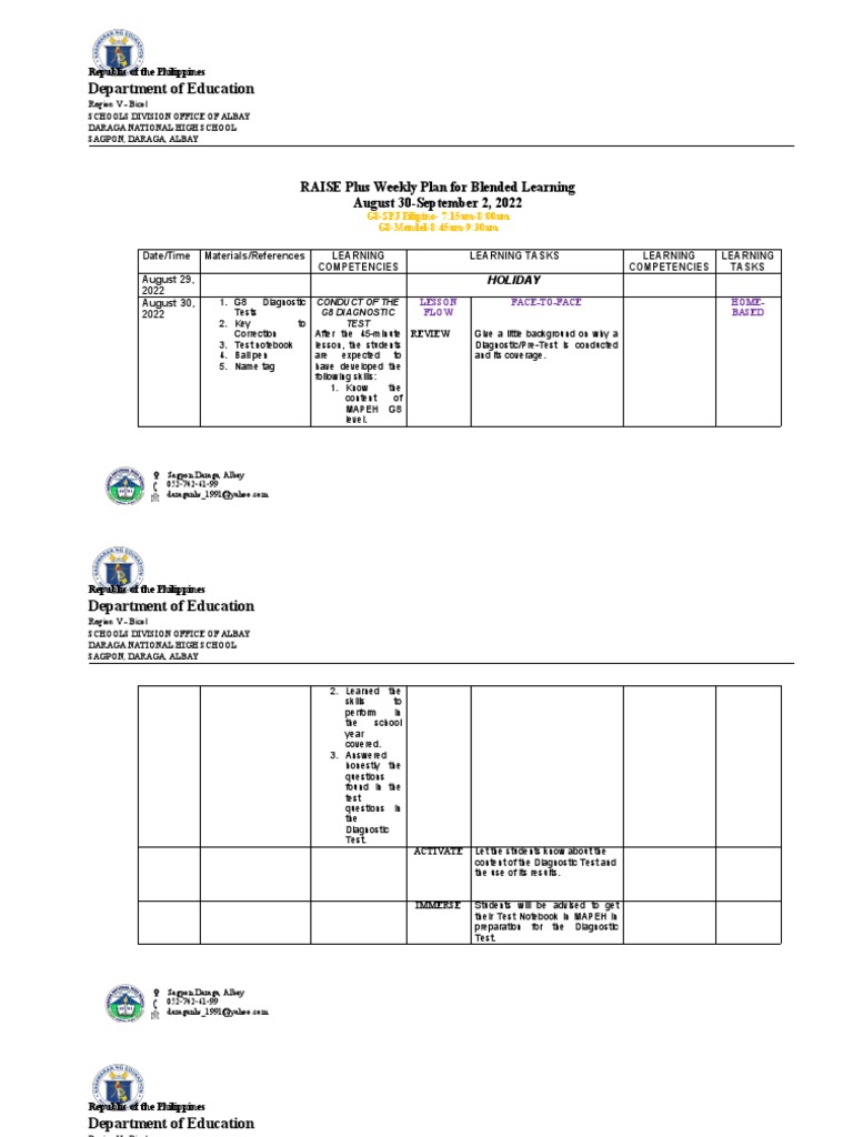 RAISE Plus Weekly Plan For Blended Learning in G8-08-30-09-02-2022 | PDF | Learning | Behavior ...