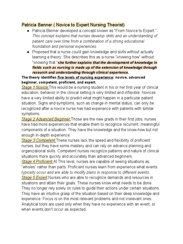 Patricia Benner Novice To Expert Nursing Theorist | PDF | Nursing ...