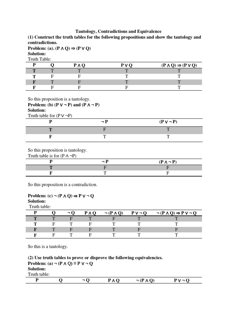 Tautology, Contradictions and Equivalence | PDF | Contradiction | Metalogic