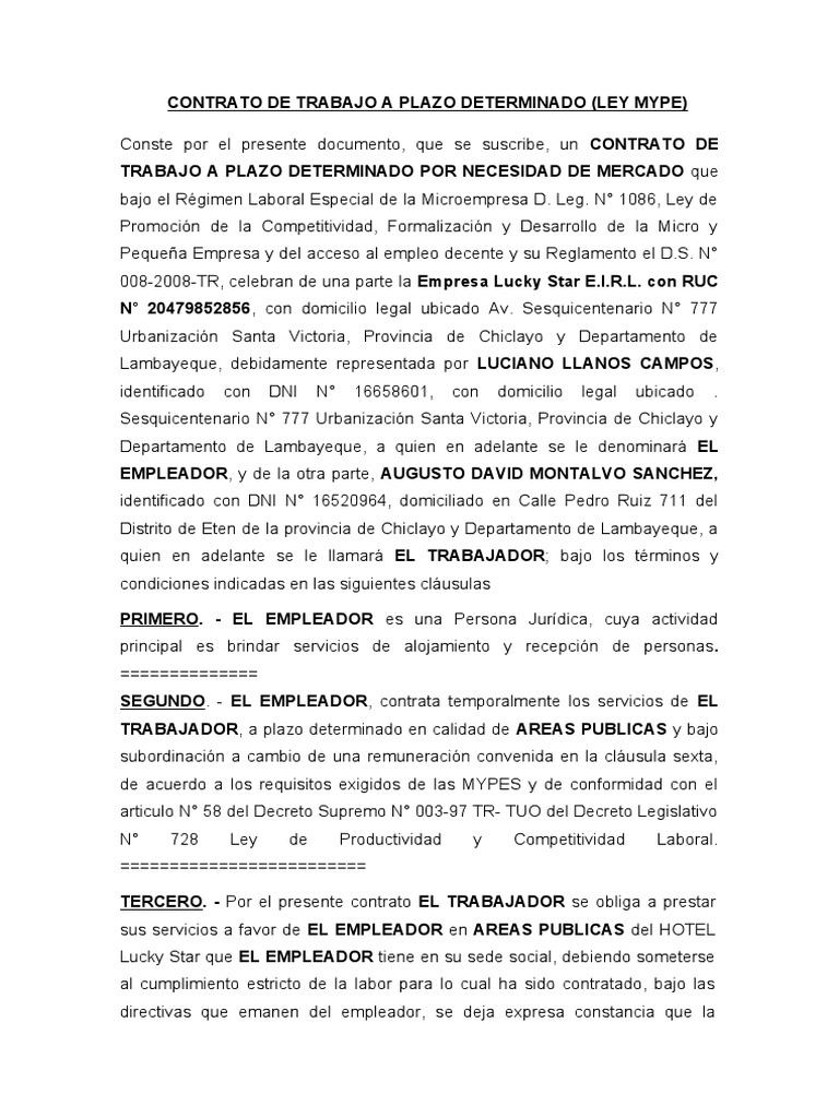 Contrato trabajo plazo determinado MYPE | PDF | Derecho laboral | Salario mínimo