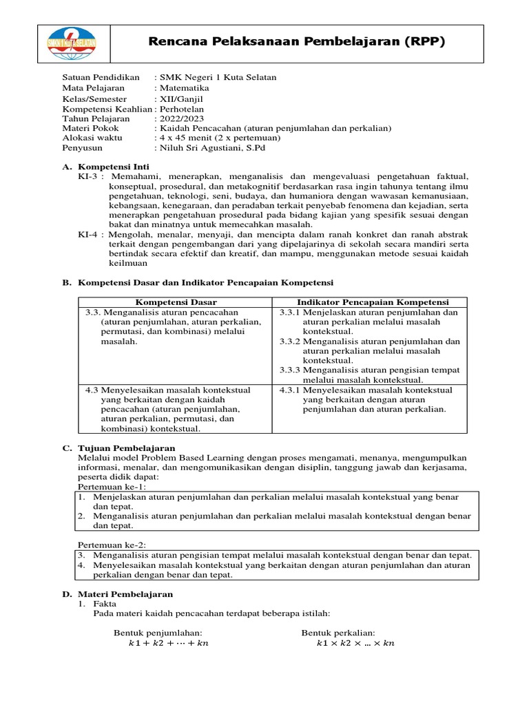 RPP PBL Kaidah Pencacahan | PDF | Sains & Matematika | Komputer