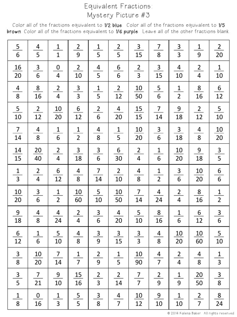 Equivalent Fractions Mystery Picture 3 | PDF