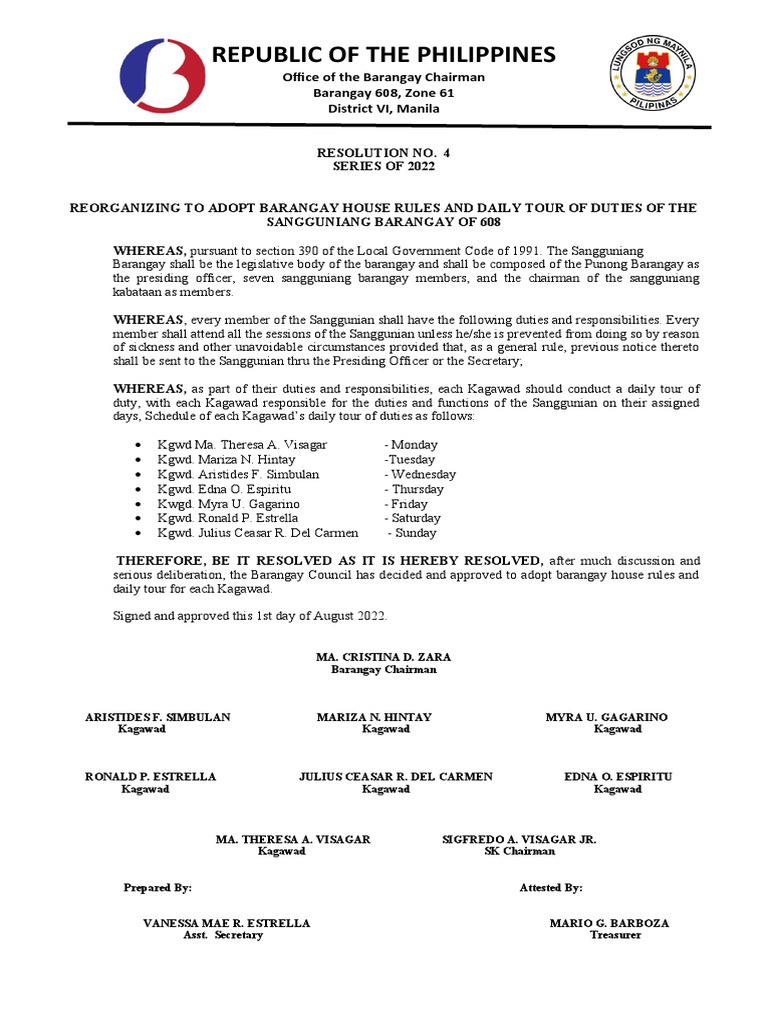 Barangay 608 House Rules Resolution | PDF | Government | Justice