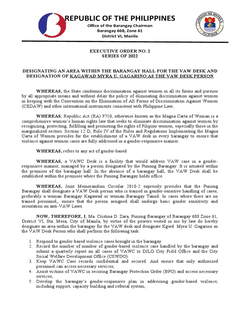 Eo #2 Designating Vaw Desk Person | PDF | Convention On The Elimination ...