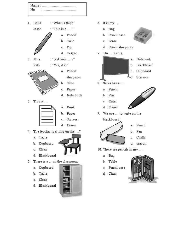 School Supplies and Classroom Objects Identification Quiz | PDF ...
