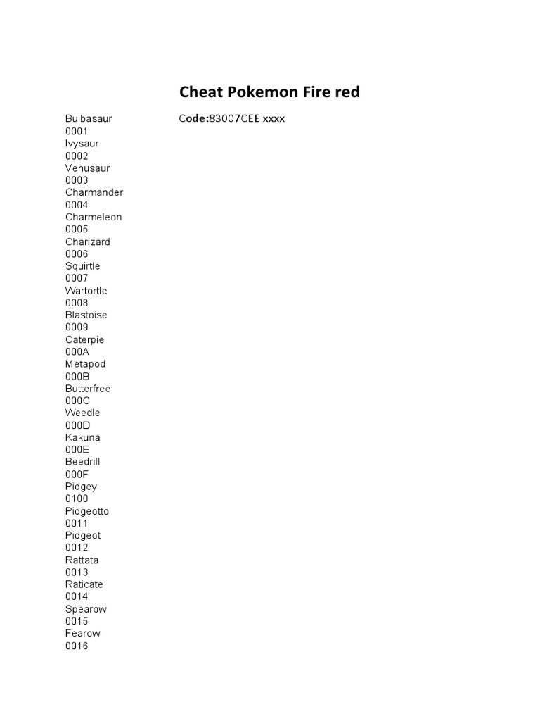 Pokemon Fire Red Cheat Codes List | PDF | Nintendo Franchises | Pokémon