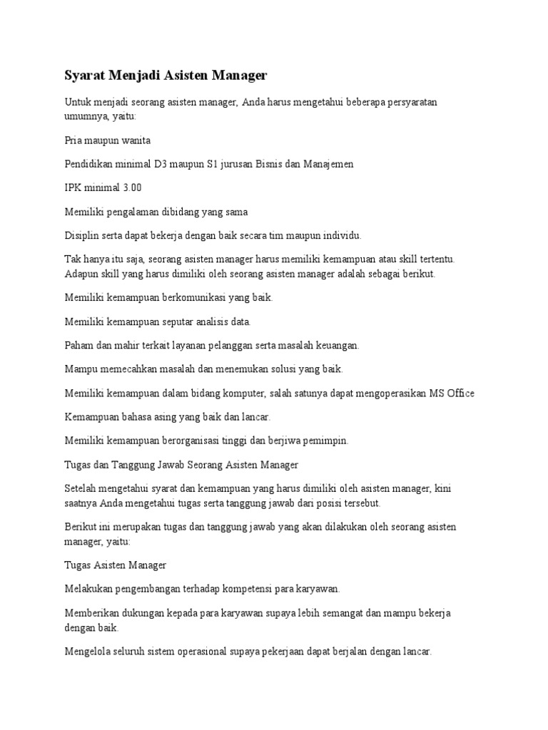 Syarat dan Tugas Asisten Manager | PDF | Karier & Perkembangan