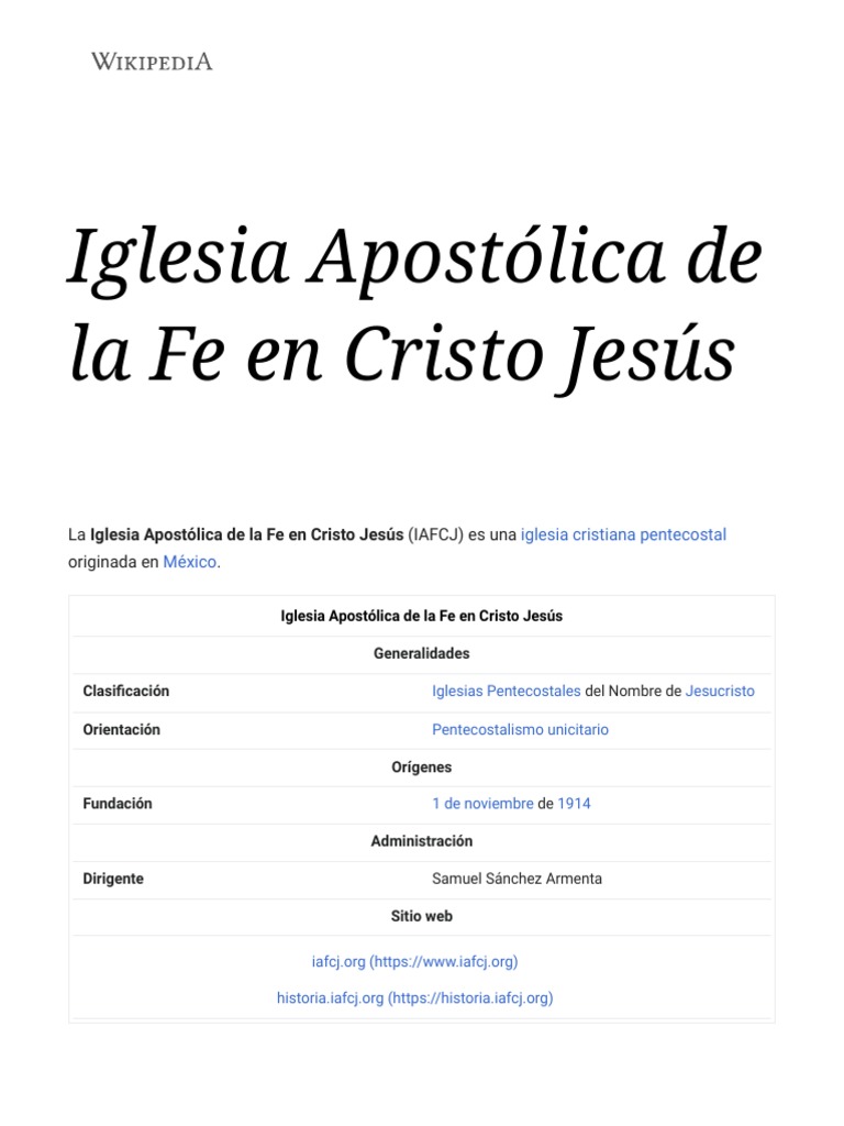 Iglesia Apostólica de La Fe en Cristo Jesús - Wikipedia, La Enciclopedia Libre | PDF ...