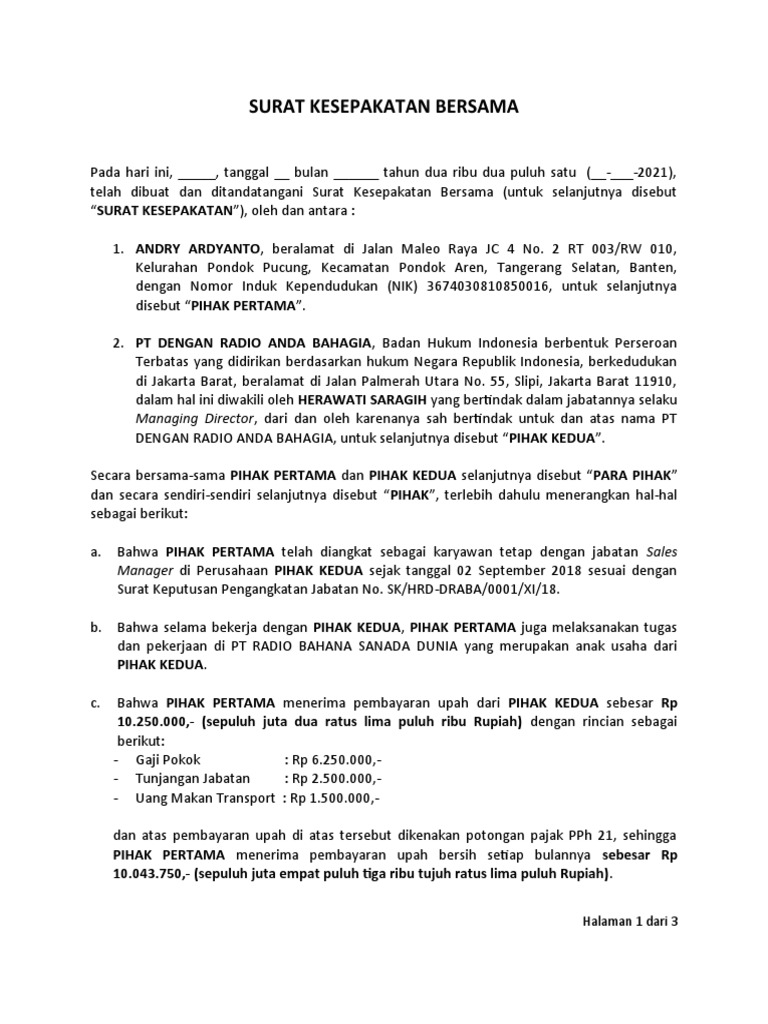 Surat Kesepakatan Bersama Karyawan Dan Perusahaan | PDF Surat Kesepakatan Bersama Karyawan Dan Perusahaan | PDF
