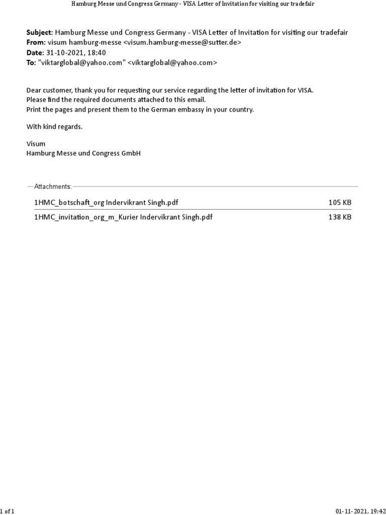 Hamburg Messe Und Congress Germany - VISA Letter of Invitation For ...