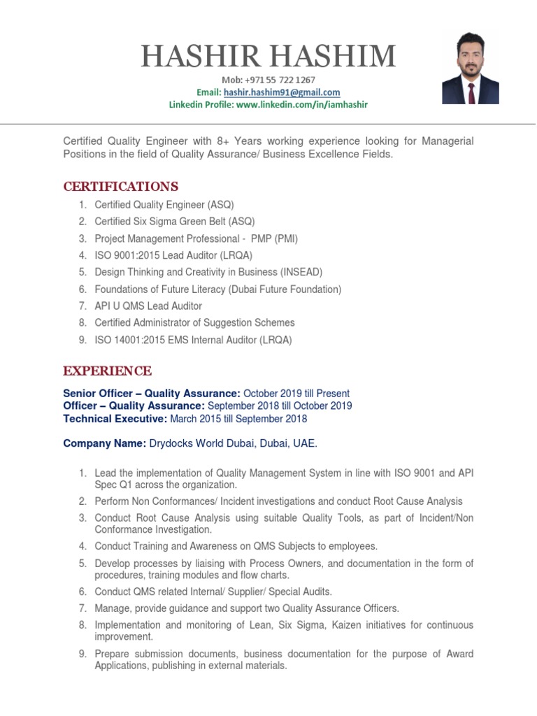 Hashir Hashim - Quality Engineer Resume | PDF | Quality Management System | Iso 9000
