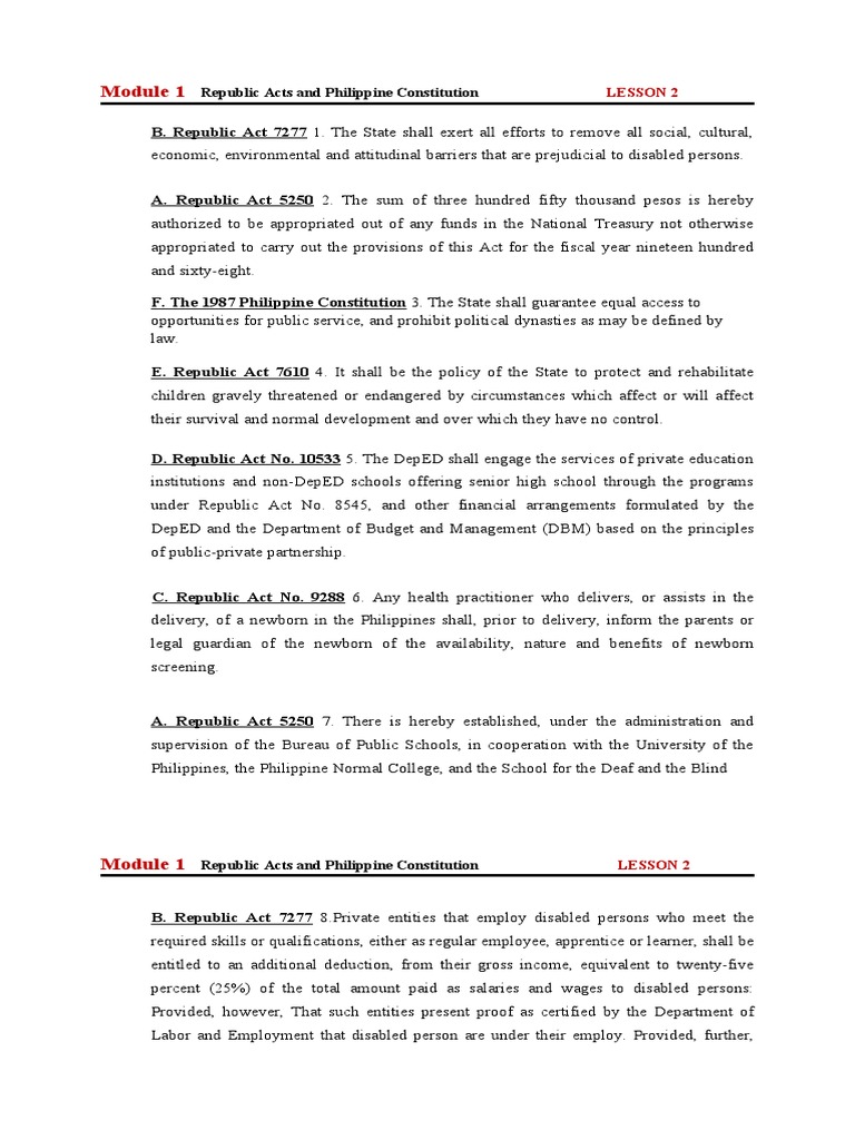 Module 1republic Acts and Philippine Constitution LESSON 2 | PDF | Employment | Disability