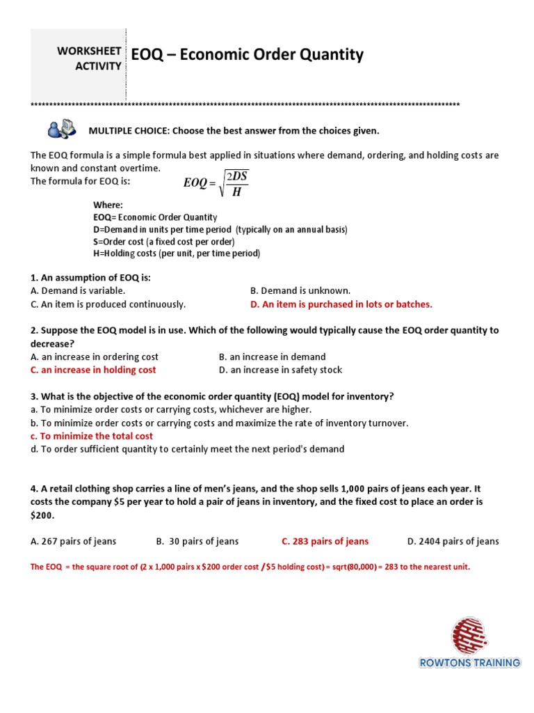 EOQ Questions and Answers Worksheet | PDF | Technology & Engineering