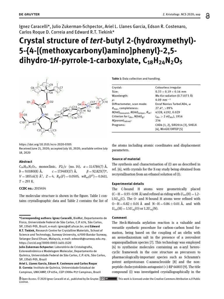 Crystal Structure of Tert Butyl 2 Hydroxymethyl 5 | PDF | X Ray Crystallography | Chemical ...