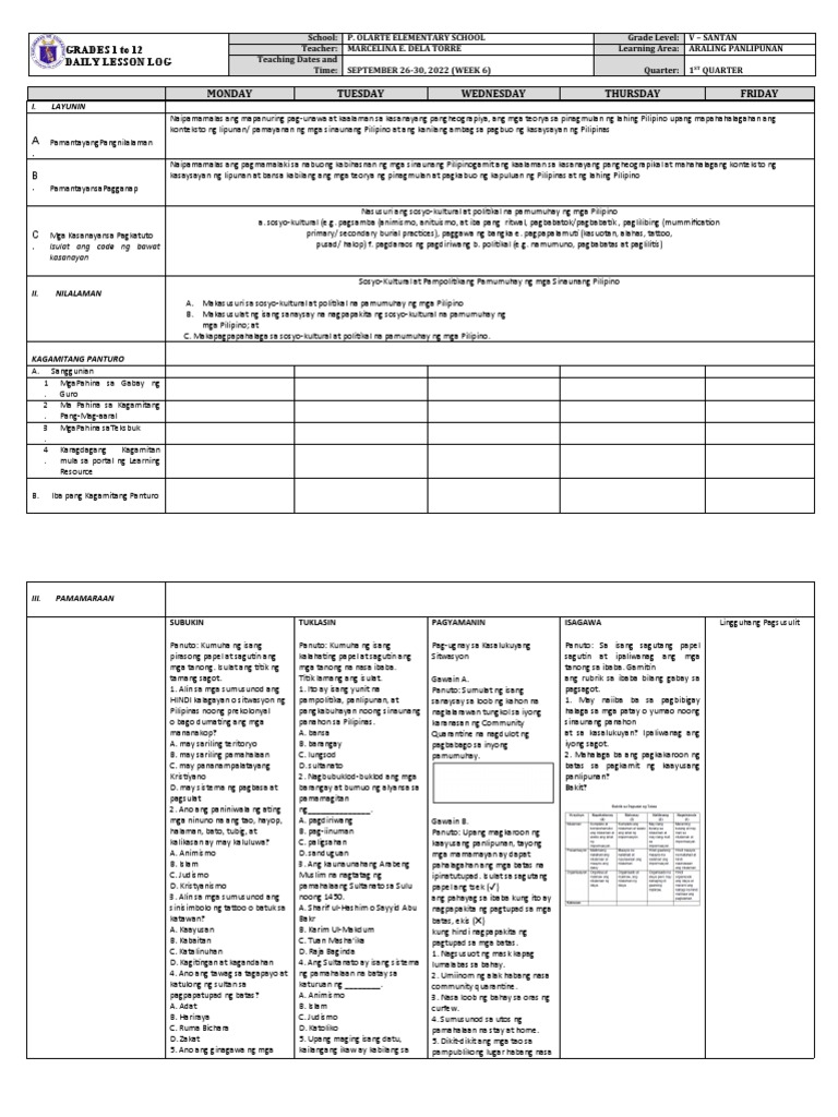 DLL_ARALING PANLIPUNAN 5_Q1_W6 | PDF