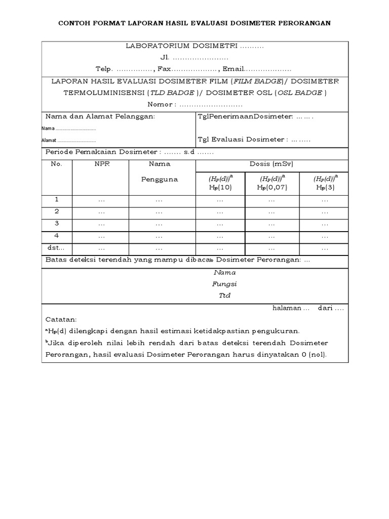 6 LD Contoh Format Laporan Hasil Evaluasi Dosimeter Perorangan | PDF