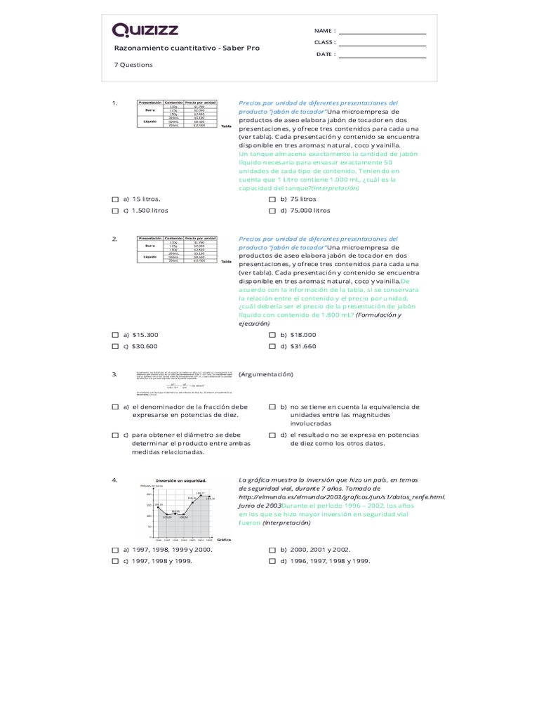 Razonamiento Cuantitativo 3 - Saber Pro - Print - Quizizz | PDF