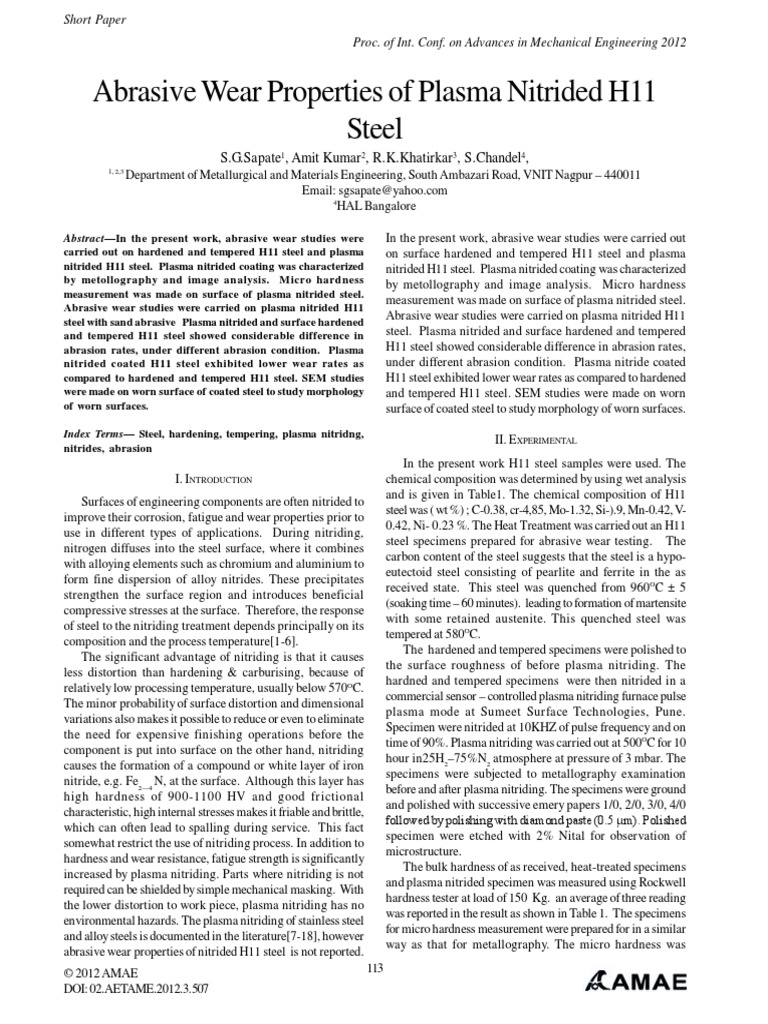 Abrasive Wear Properties of Plasma Nitrided H11 | PDF | Materials ...