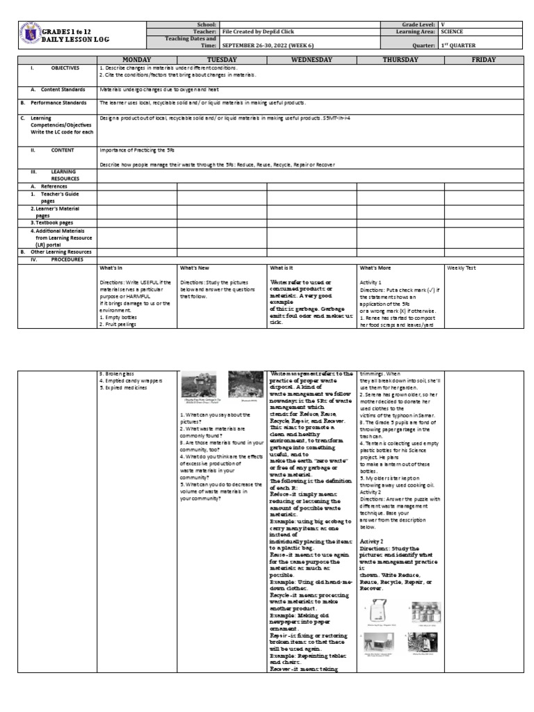 DLL - Science 5 - Q1 - W6 | PDF | Waste Management | Recycling