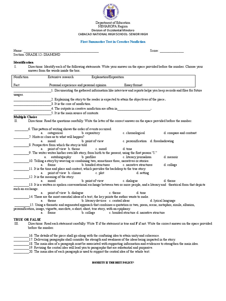First Summative Test Creative Nonfiction | PDF | Creative Nonfiction ...