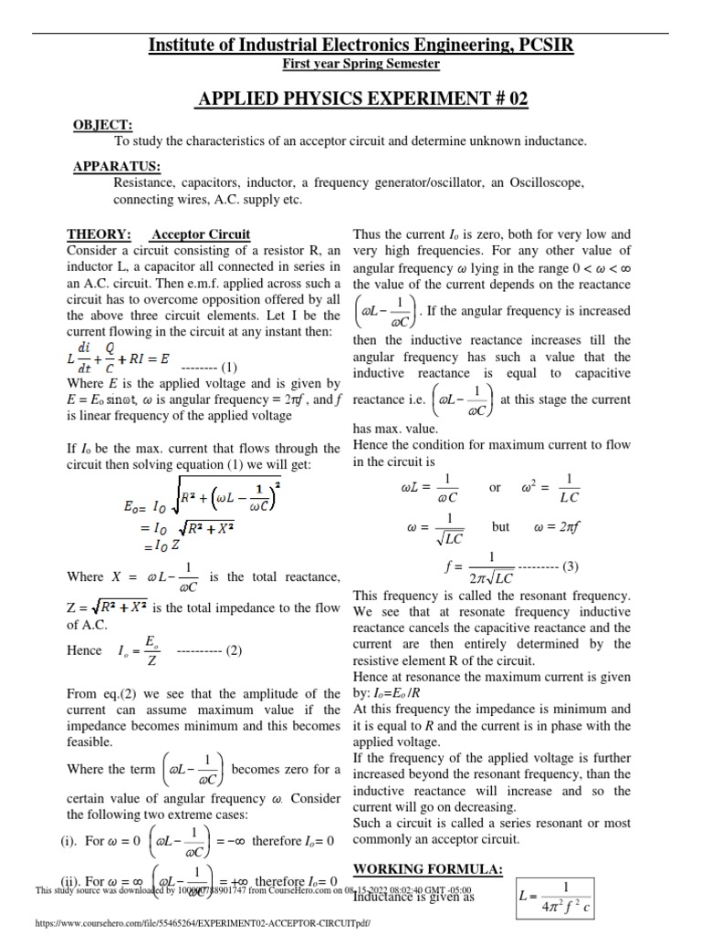 Experiment 02 Acceptor Circuit PDF | PDF | Electrical Network | Resonance
