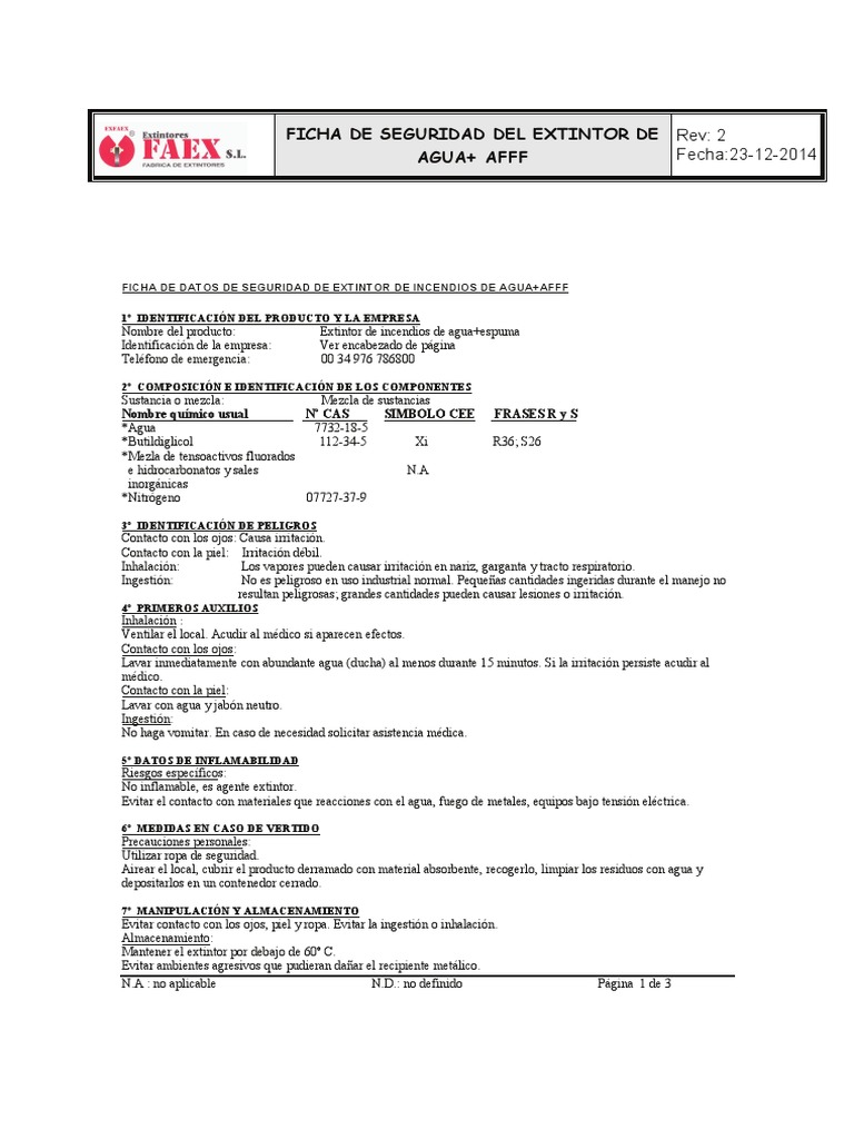 Ficha Seguridad Extintor Faex Agua+Afff - v2 | PDF | Agua | Materiales