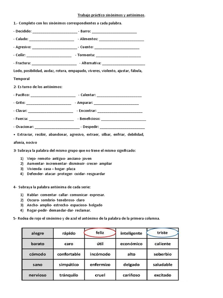 Trabajo Práctico Sinónimos y Antónimos | PDF