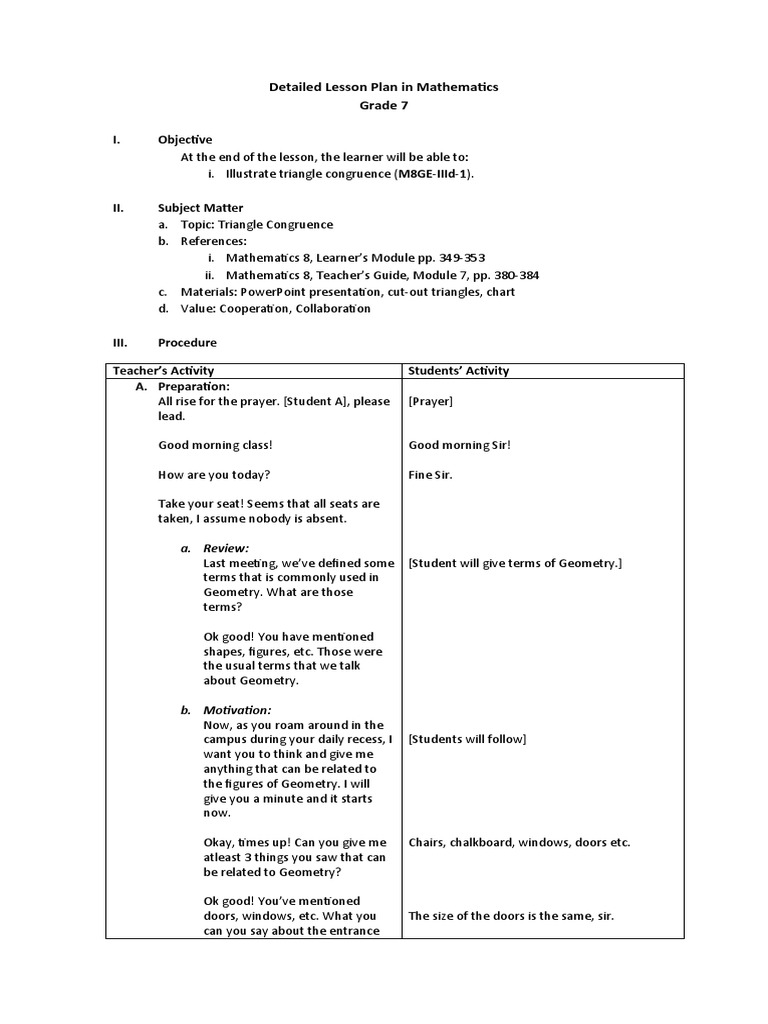 Detailed Lesson Plan in Triangle Congruency | Download Free PDF | Shape ...