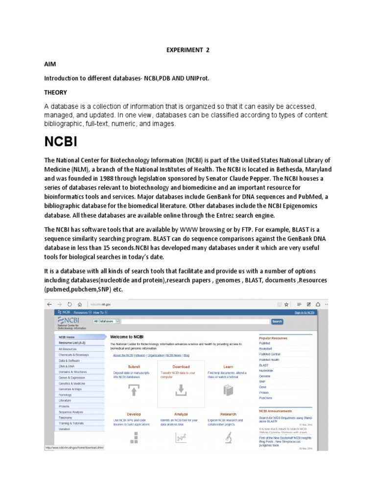Introduction To Databases - NCBI, PDB and Uniprot | PDF | Protein Data Bank | National Center ...