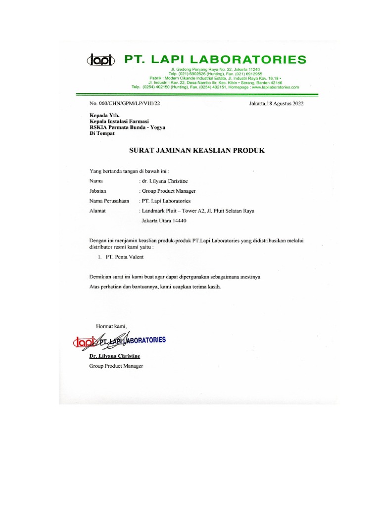 Surat Jaminan Keaslian Produk | PDF